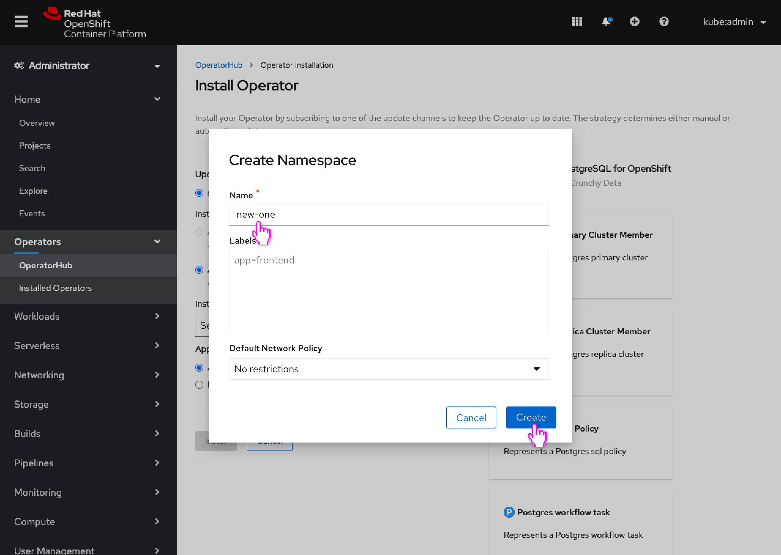Create A User defined Namespace From The Install Operator Screen Create A User defined Namespace From The Install Operator Screen